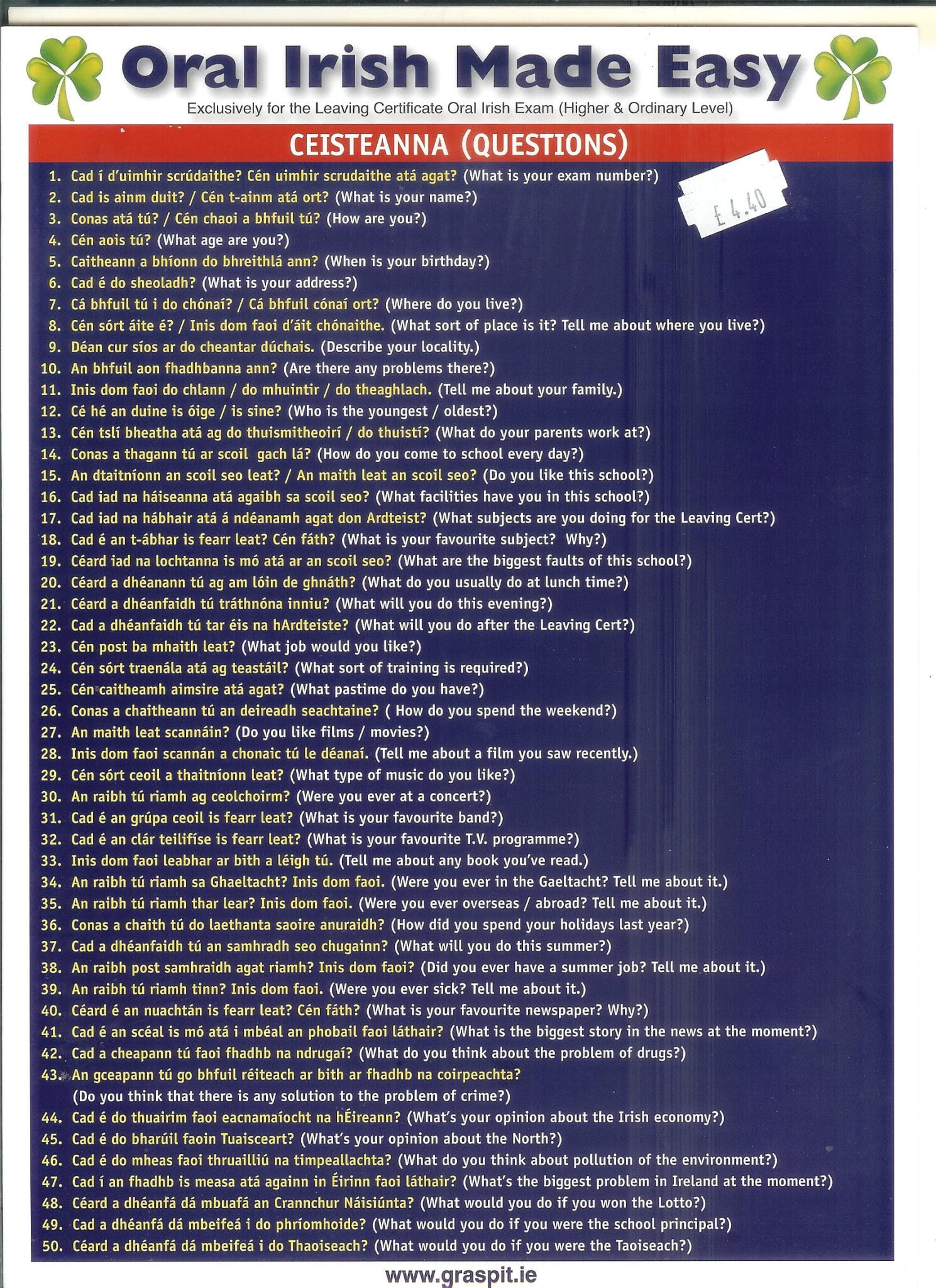 Oral Irish Made Easy Glance Card - An Ceathrú Póilí